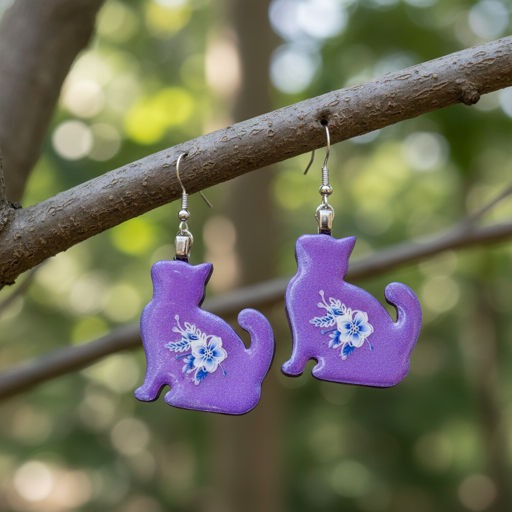 Purple Cat Resincrete Earrings - Iridescent Flowers 2" | JVDesigner