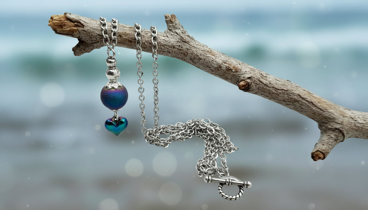 Rainbow Beaded Necklace 18 Inch Ion Plating Heart Pendant Silver ...