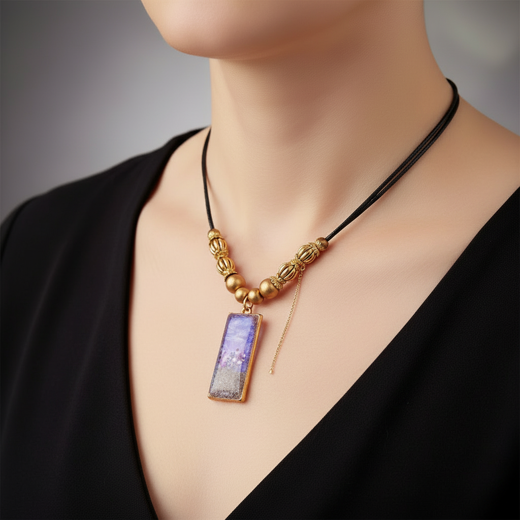 Handcrafted Resin pendant Necklace with black cord and gold beads Acce ...