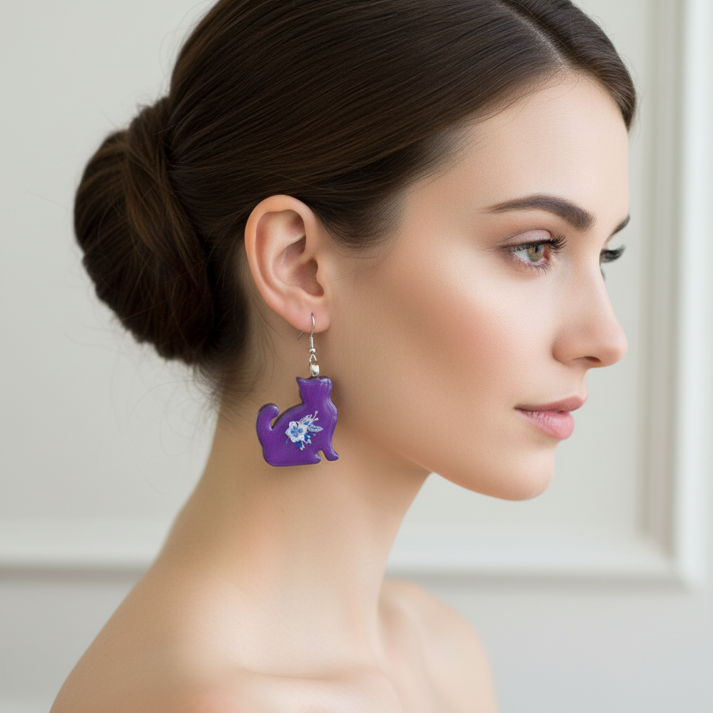 Purple Cat Resincrete Earrings - Iridescent Flowers 2" | JVDesigner